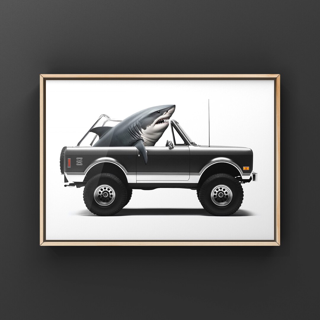 Shark Driving 1960s International Scout SUV 4x4, Art Print, Dino Drivin ...