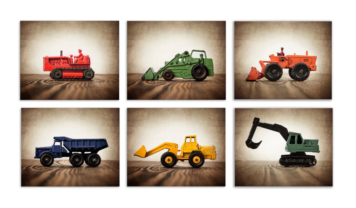 Vintage Construction Truck Photo Prints, Primary Colors, Digger Tractor ...