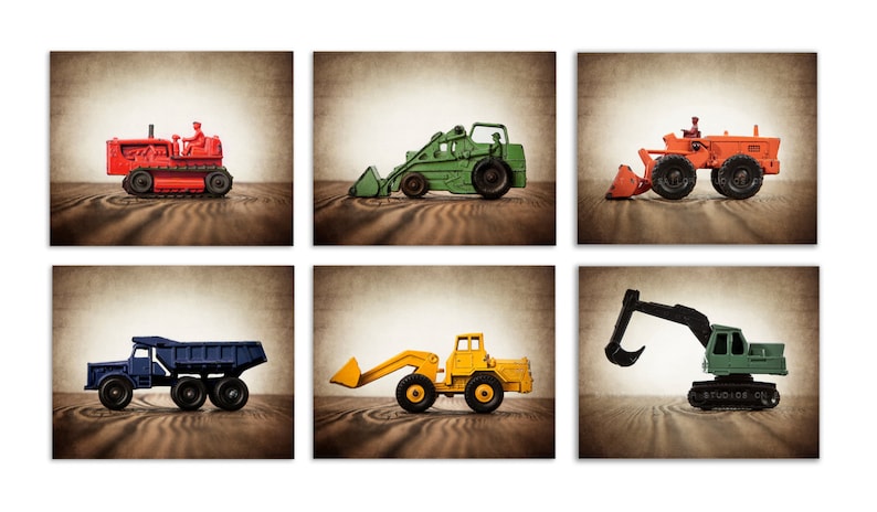 Vintage Construction Truck Photo Prints, Primary Colors, Digger Tractor ...