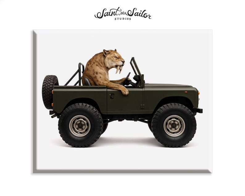 Sabertooth Tiger Driving Land Rover Art: Whimsical Kids Room Decor - Etsy