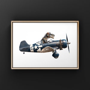 Dino Flying Vintage Blue WWII F4 Corsair Airplane Art Print, Dino Room ...