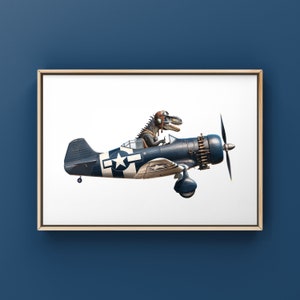 Dino Flying Vintage Blue WWII F4 Corsair Airplane Art Print, Dino Room ...