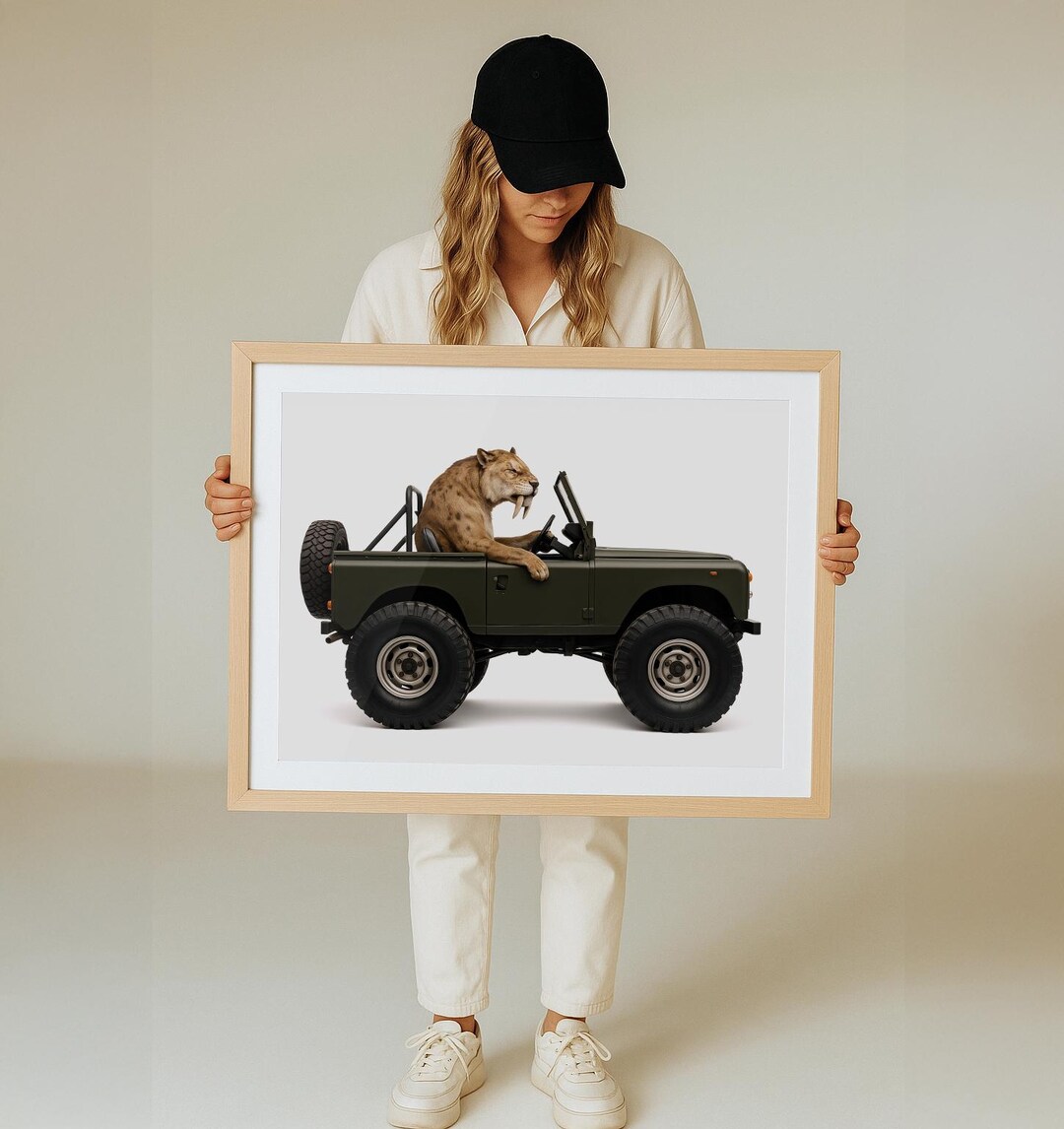 Saber Toothed Tiger Driving Vintage 4x4 Land Rover Art – Green and ...