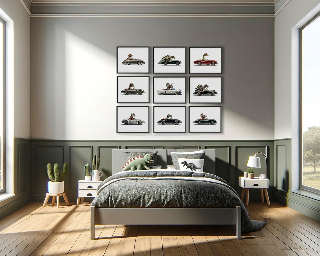 Dinosaur Driving Classic Cars Art Prints, Set of 9, Dino Nursery Decor ...