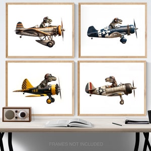Dino Flying Vintage Blue WWII F4 Corsair Airplane Art Print, Dino Room ...