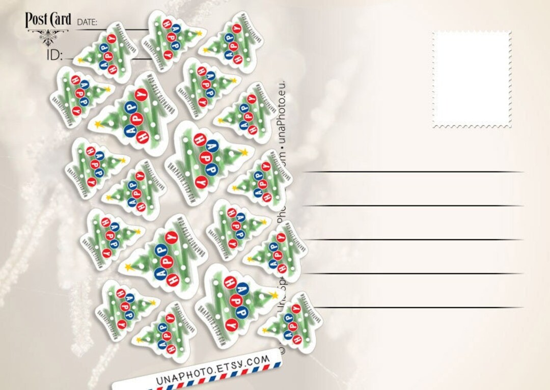 Set of 19 Mini Christmas Tree Sticker Watercolor Drawing - Postcard ...