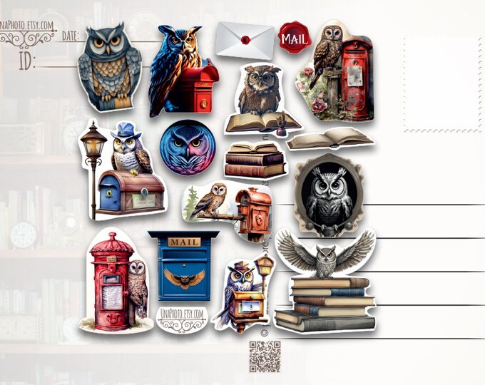 Set of 16 Owl Postman and Mailbox Priorities Postcard Stickers Sheet ...