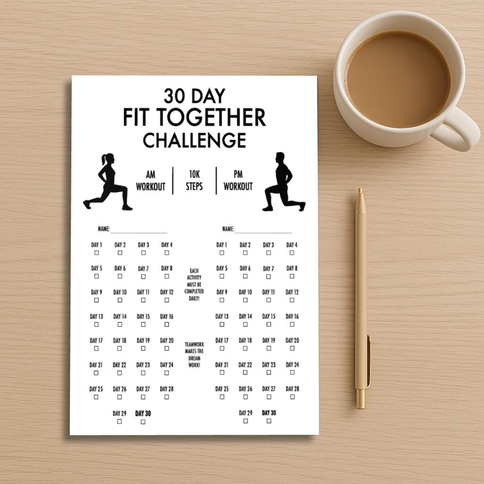 30-day Fit Together Challenge Tracker, Printable Couples Workout ...