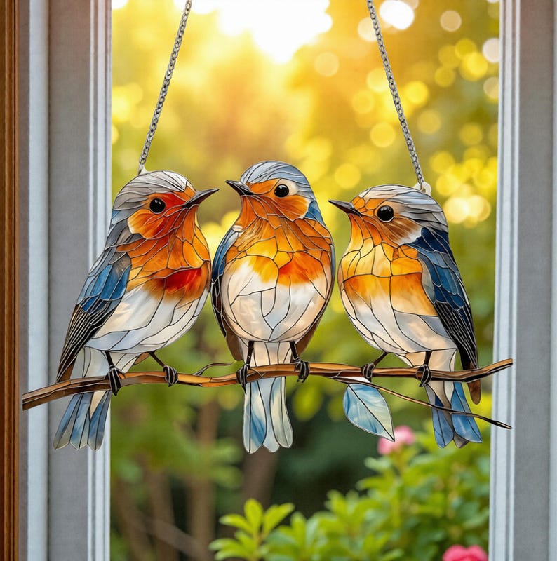 Three Birds on A Twig Stained Glass Suncatcher Window Prism Light ...