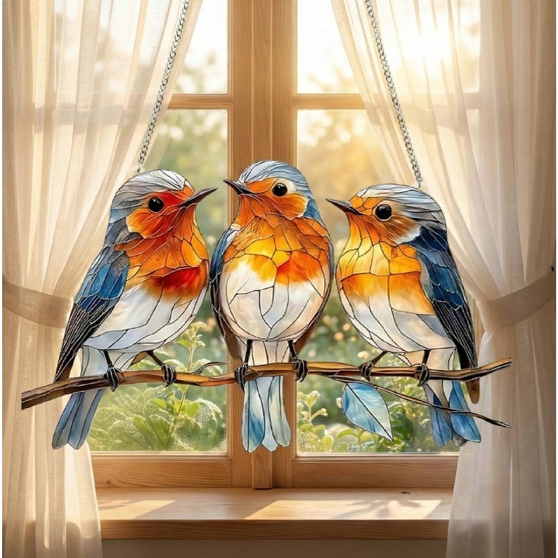 Three Birds on A Twig Stained Glass Suncatcher Window Prism Light ...