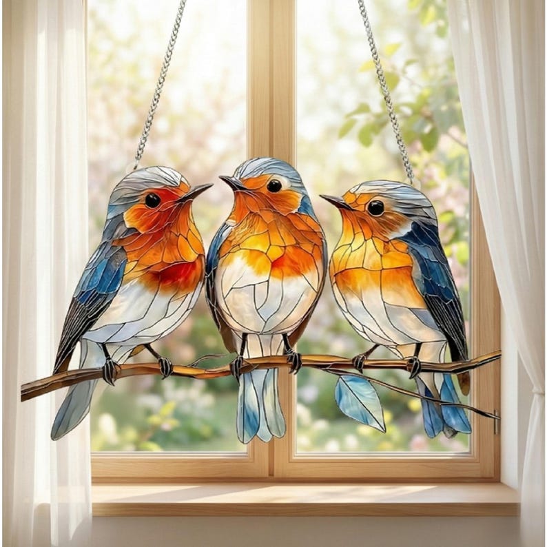 Three Birds on A Twig Stained Glass Suncatcher Window Prism Light ...