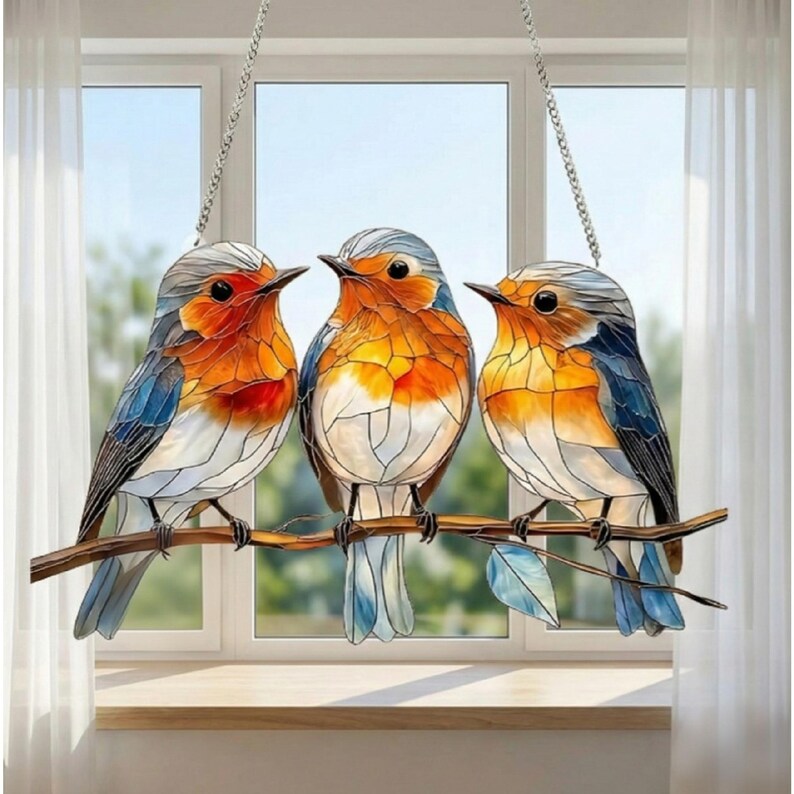Three Birds on A Twig Stained Glass Suncatcher Window Prism Light ...