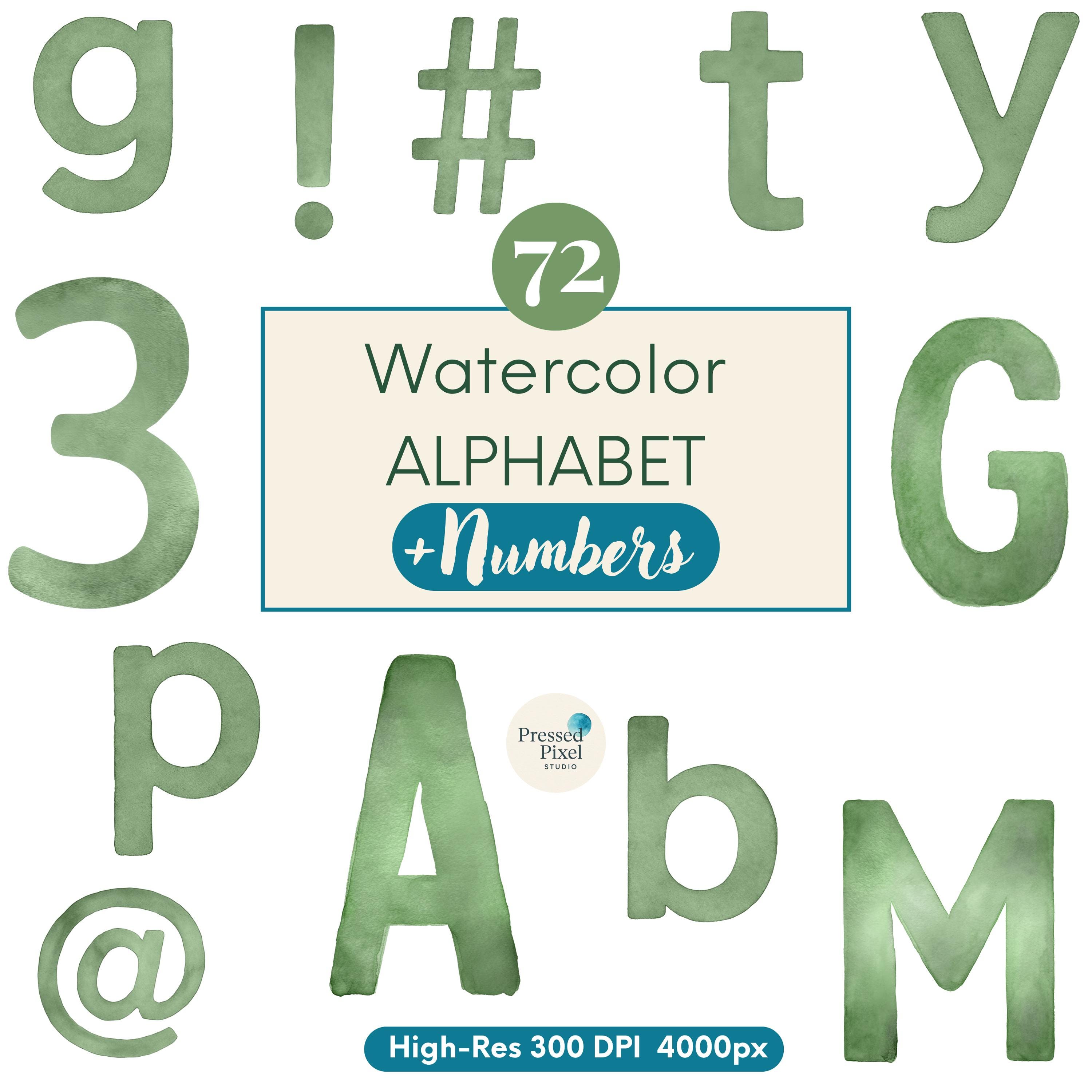 Watercolor Alphabet Clipart: Sage Green Letters, Numbers, Punctuation ...