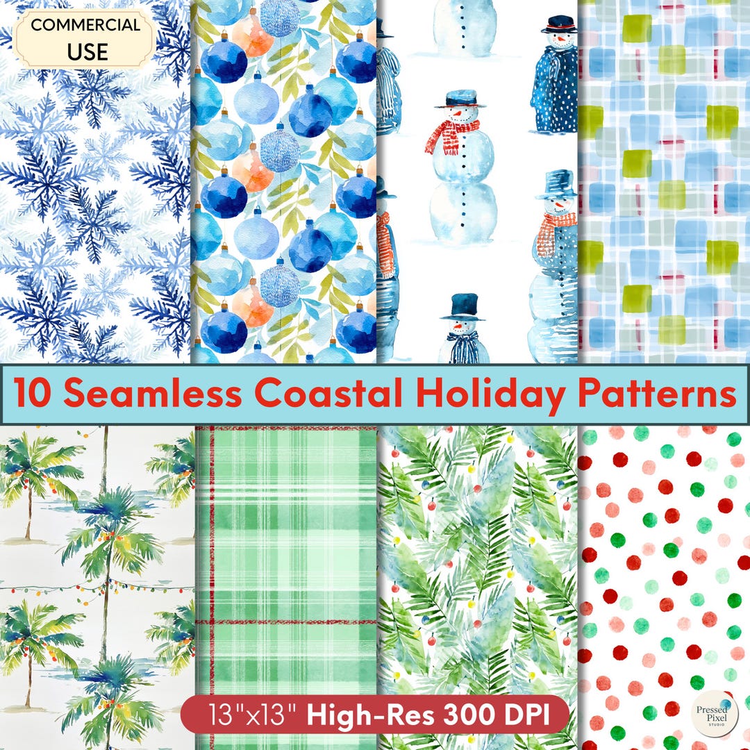 Coastal Christmas Digital Paper, Blue & Green Watercolor Holiday ...