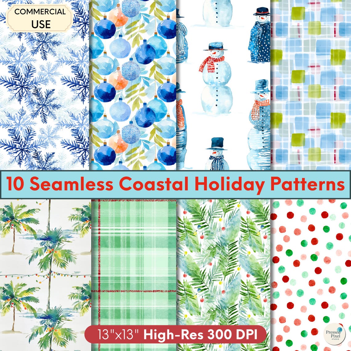 Coastal Christmas Digital Paper, Blue & Green Watercolor Holiday ...