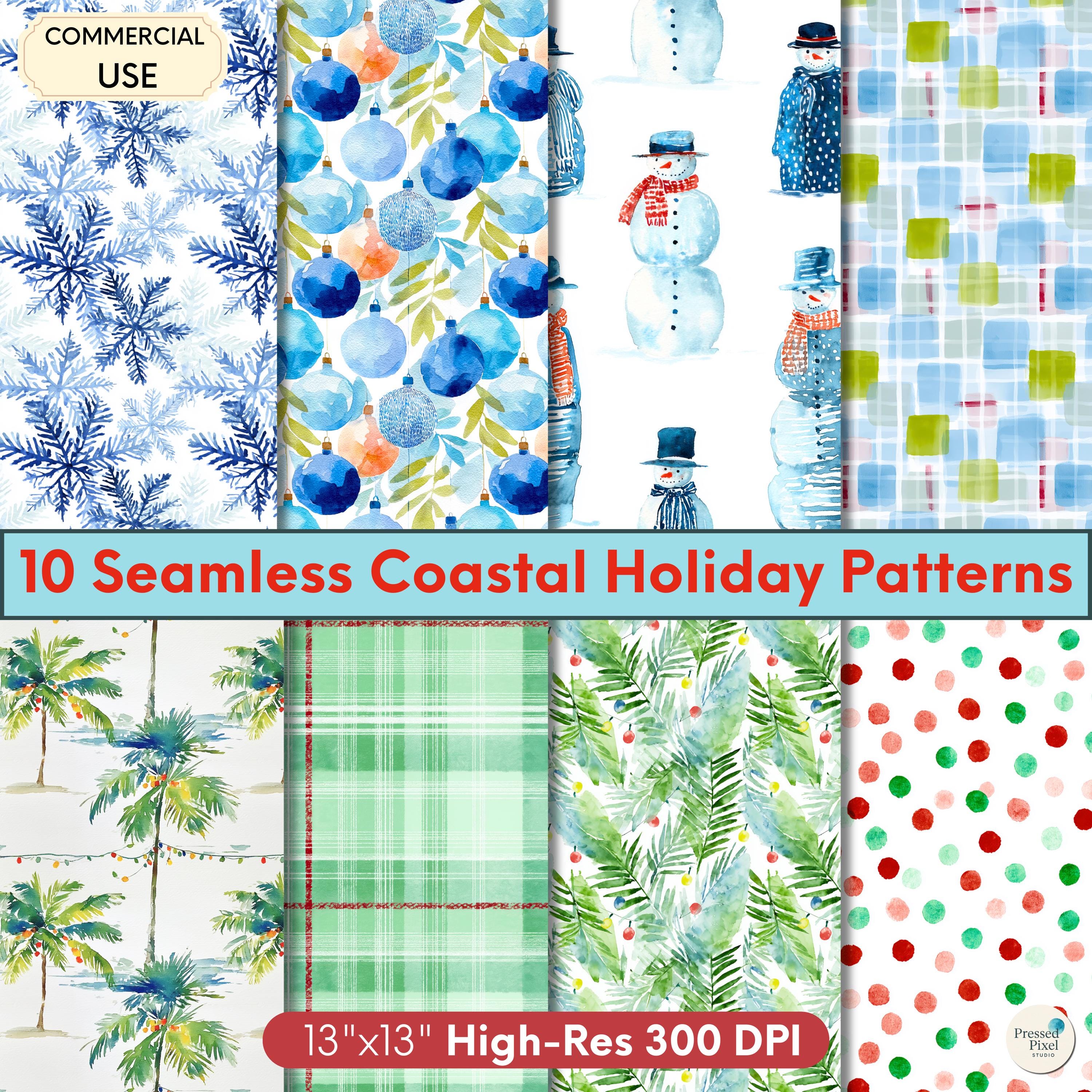 Coastal Christmas Digital Paper, Blue & Green Watercolor Holiday ...