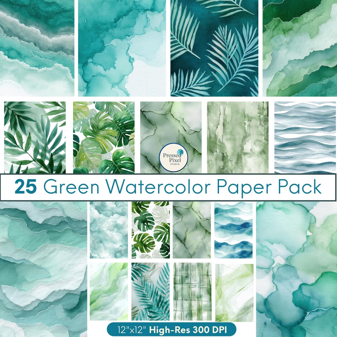 Green Watercolor Digital Paper Pack 25 Palm Leaves Lines Washes 12x12 ...