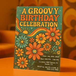 Groovy 70s Birthday Invitation: Retro Floral Party Template (digital ...