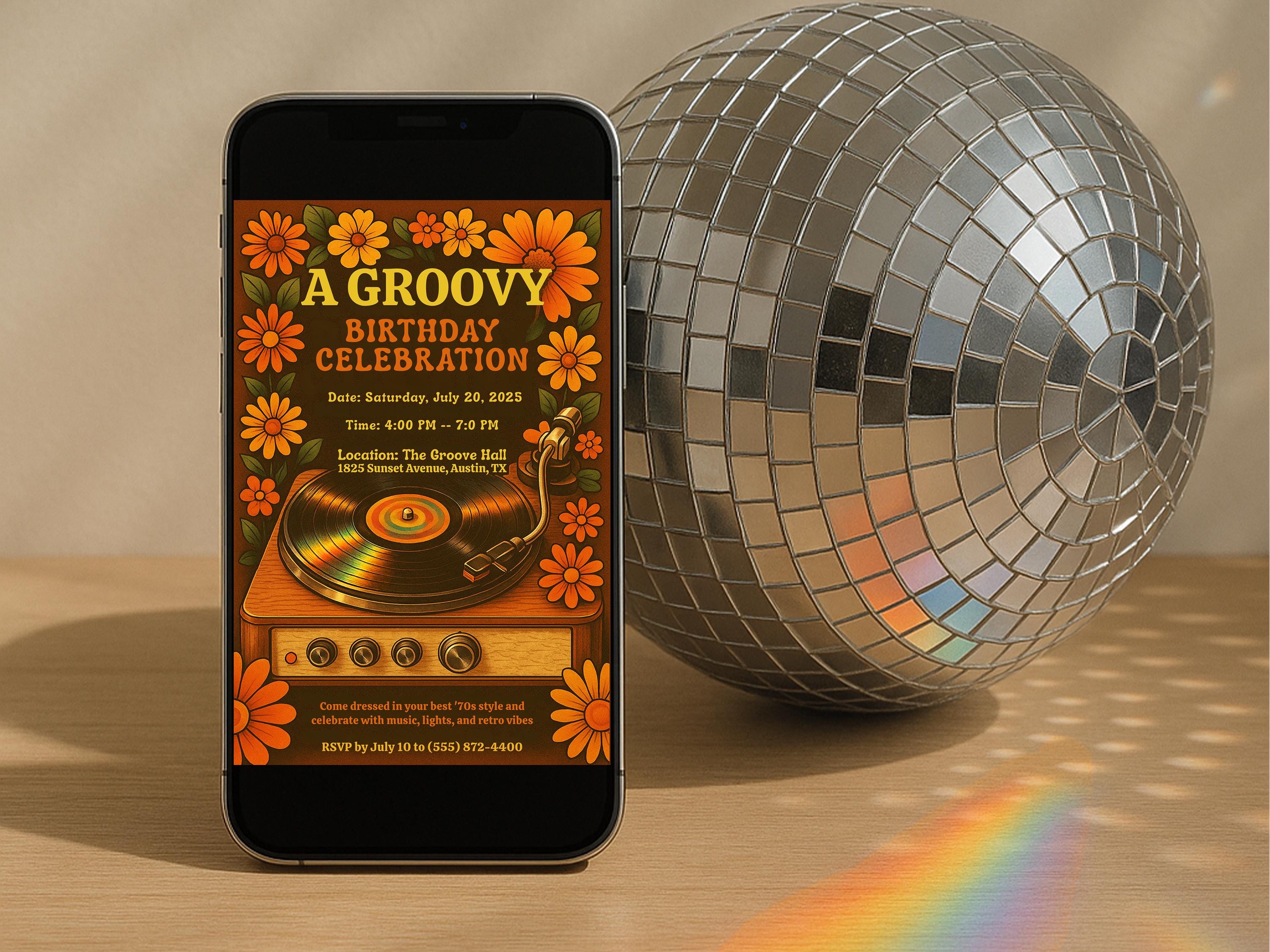 Groovy 70s Birthday Invitation: Retro Floral Canva Template (digital ...