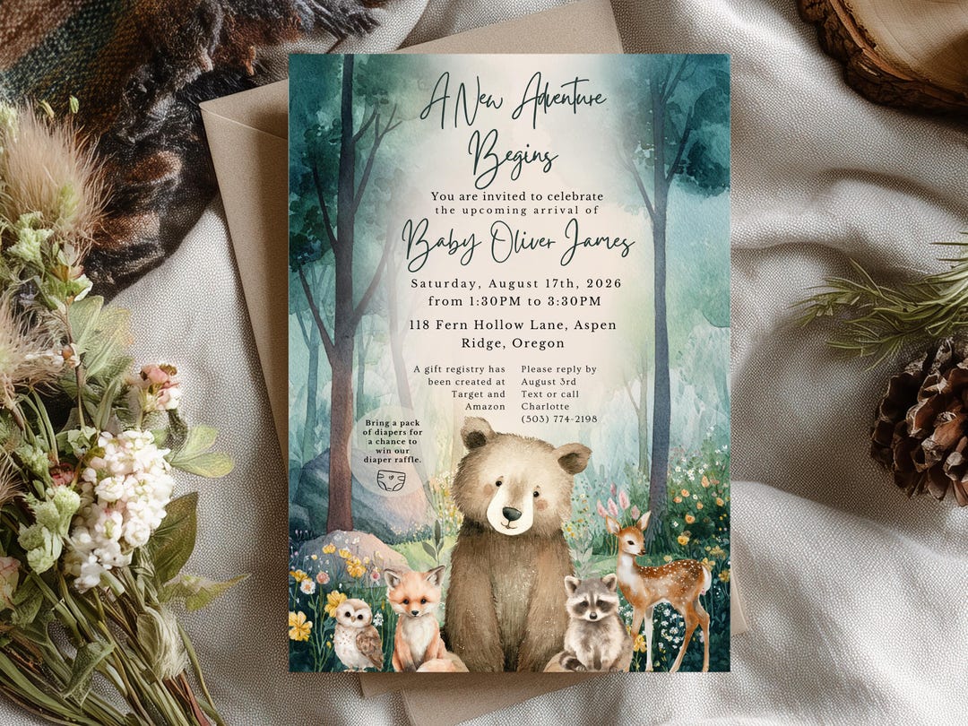 Woodland Baby Shower Invitation, Forest Animal Theme Invite, Editable ...