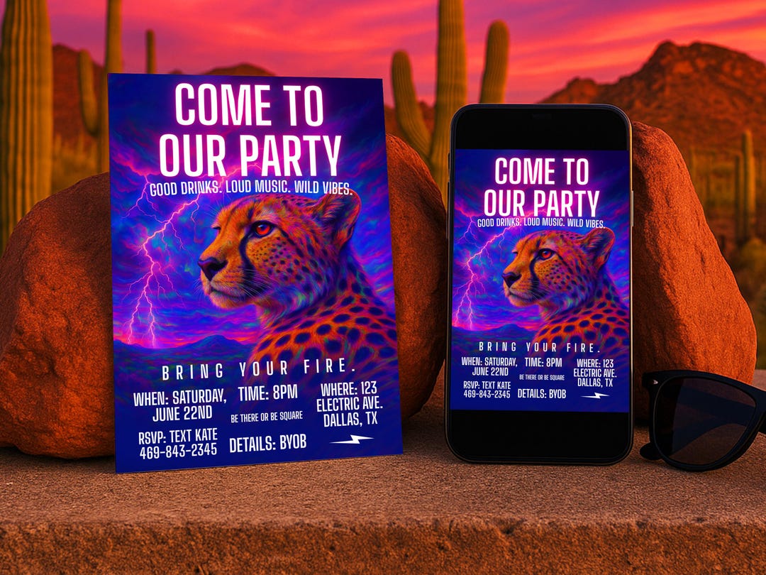 Editable Electric Party Invitation | Cheetah Lightning Editable Invite ...