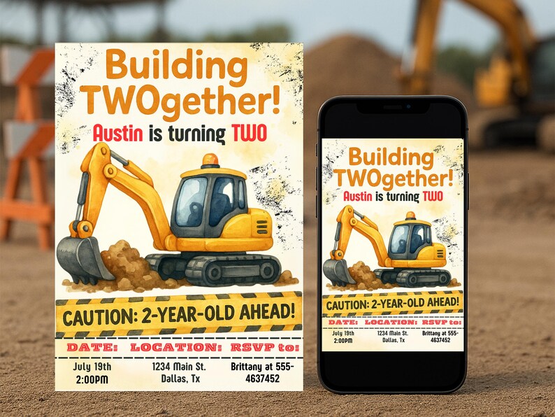 Construction Birthday Invitation for 2nd Birthday – Editable Digger ...