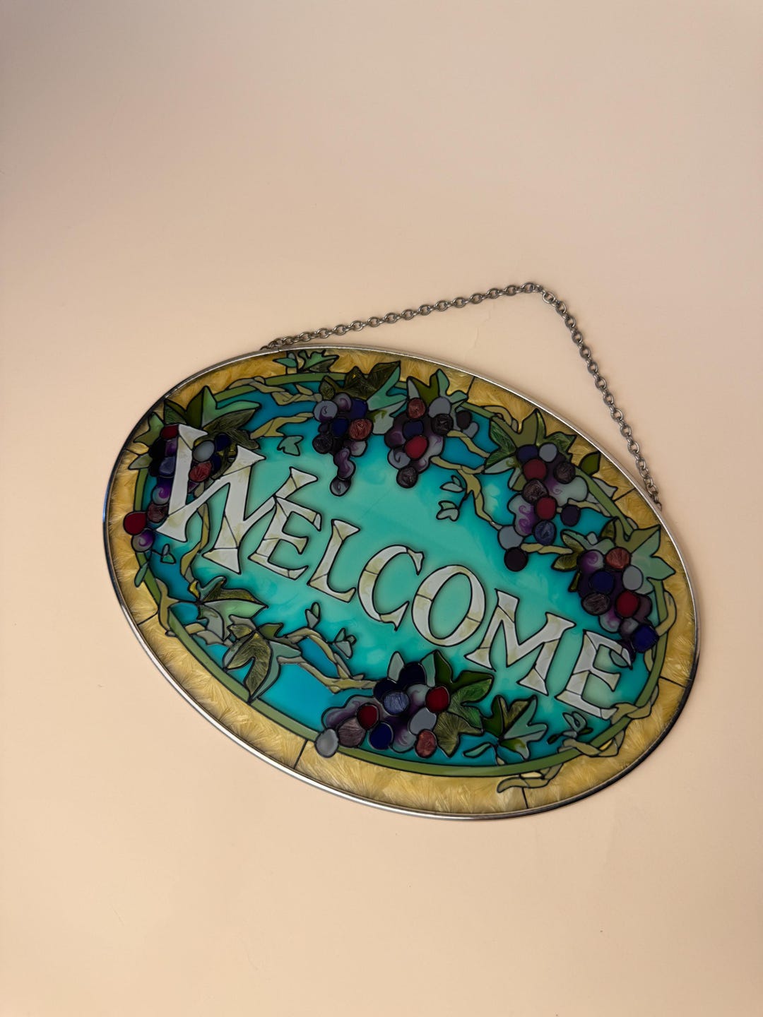 Vintage Stained Glass Welcome Sign | Oval Hanging Panel With Grapes ...