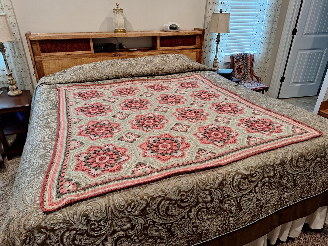 Persian Tile Crochet Afghan: Rose Garden Sage Decorative Blanket ...