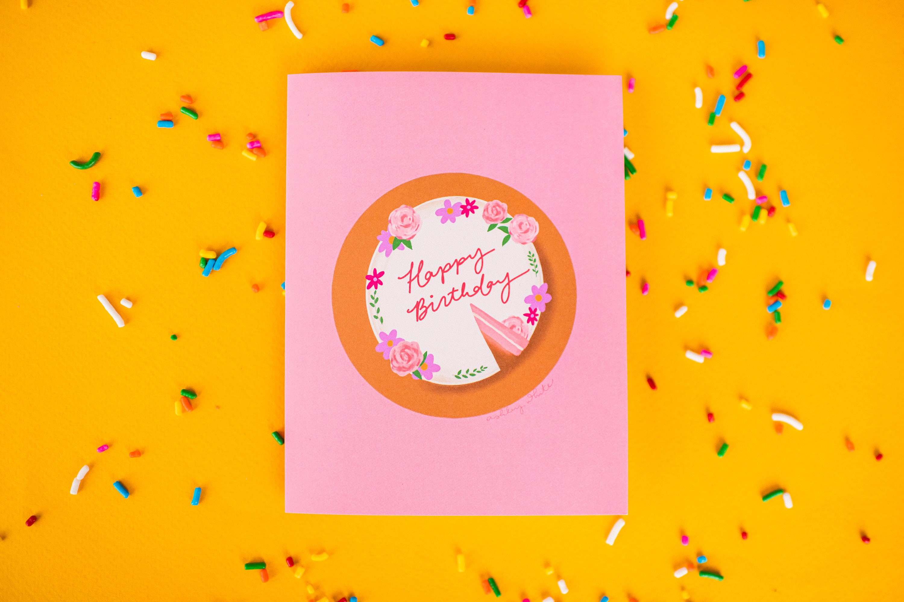 Pink Birthday Card Cake illustration 4.25x5.5 card | Etsy