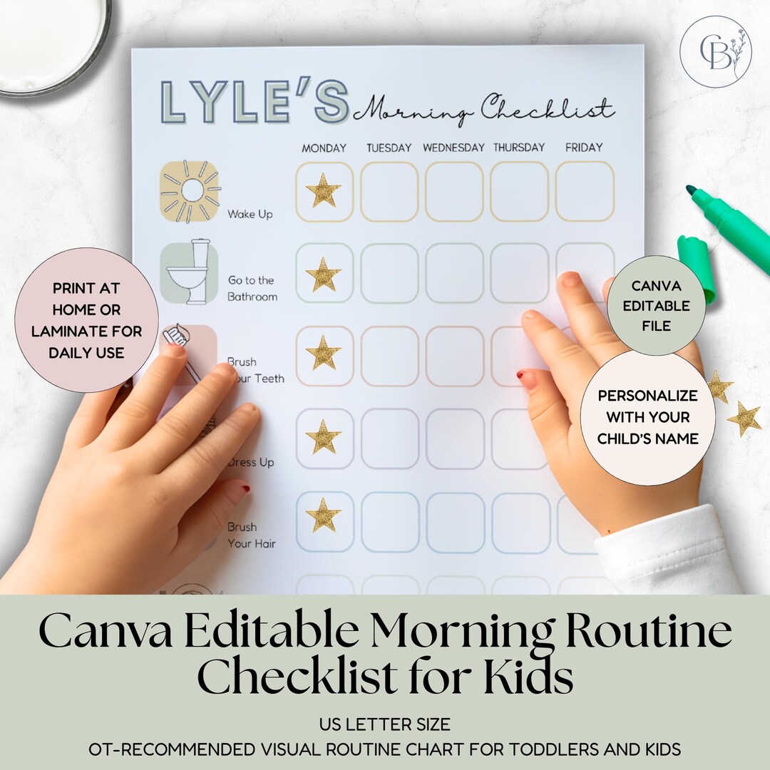 Editable Kids Morning Routine Chart | Visual Checklist Canva Template ...