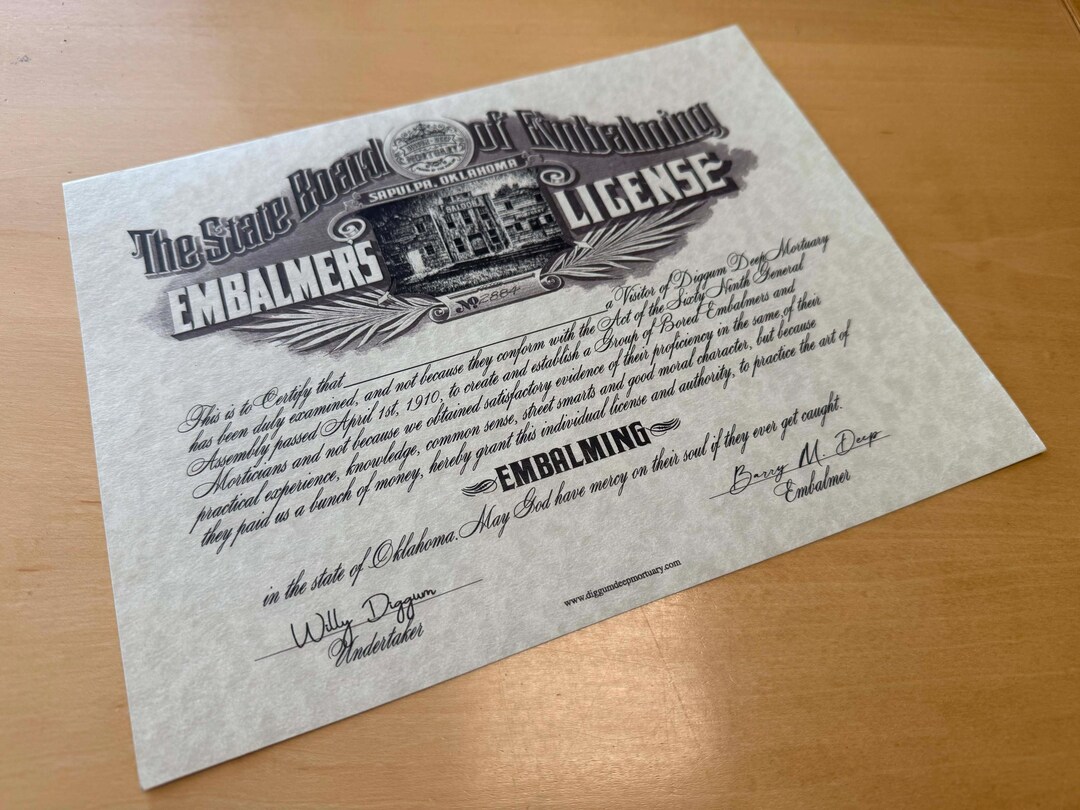Embalmer Certificate: Novelty Gift, Funeral Director Prank - Etsy