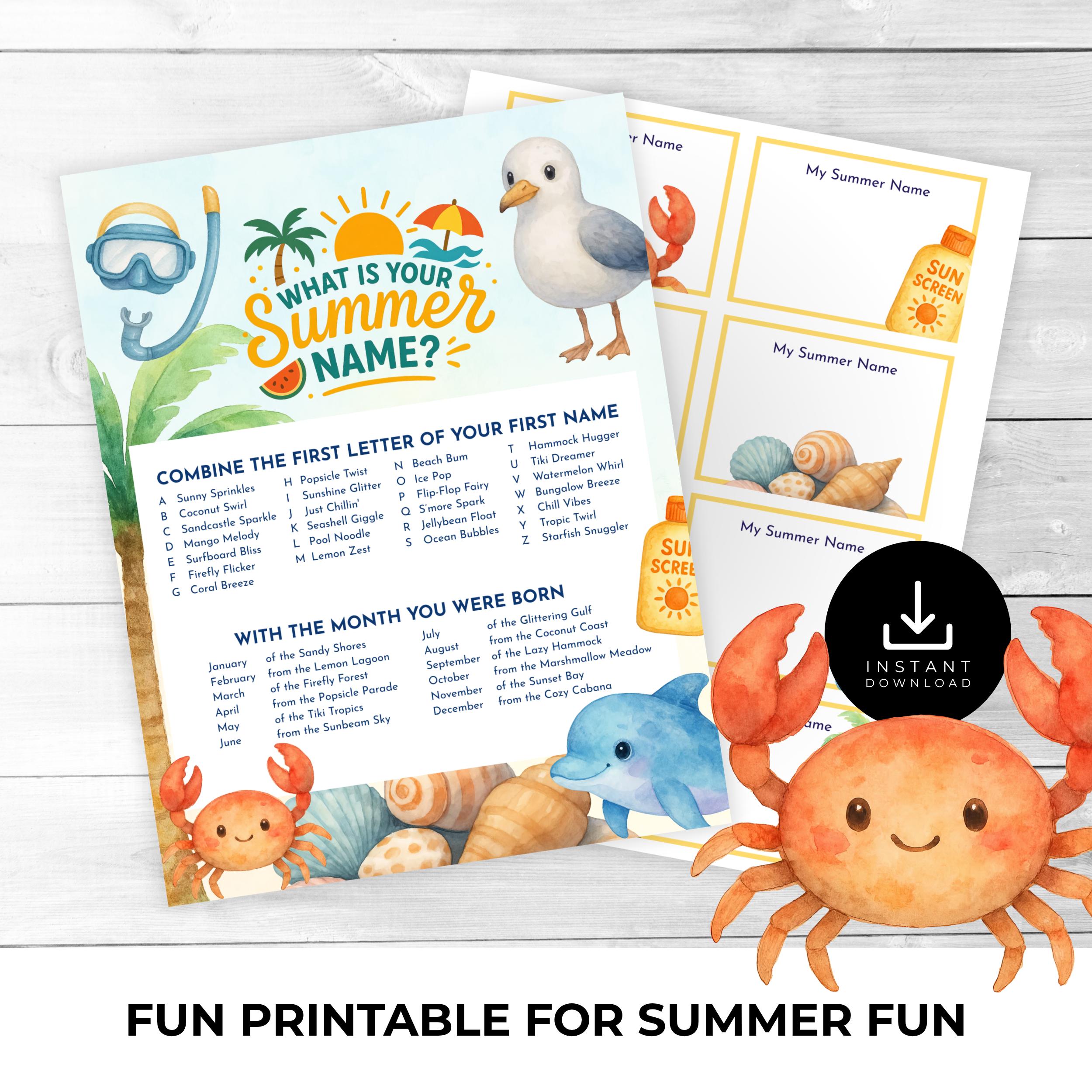 What’s Your Summer Name Game Printable, Instant Download, Beach Party ...