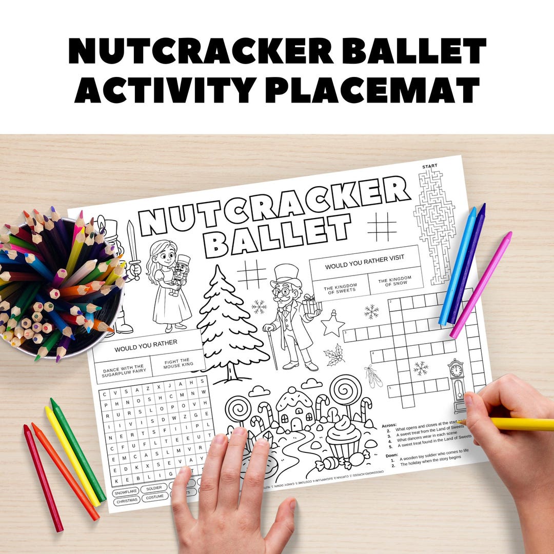 Nutcracker Ballet Kids Activity Placemat, Christmas Printable Coloring ...
