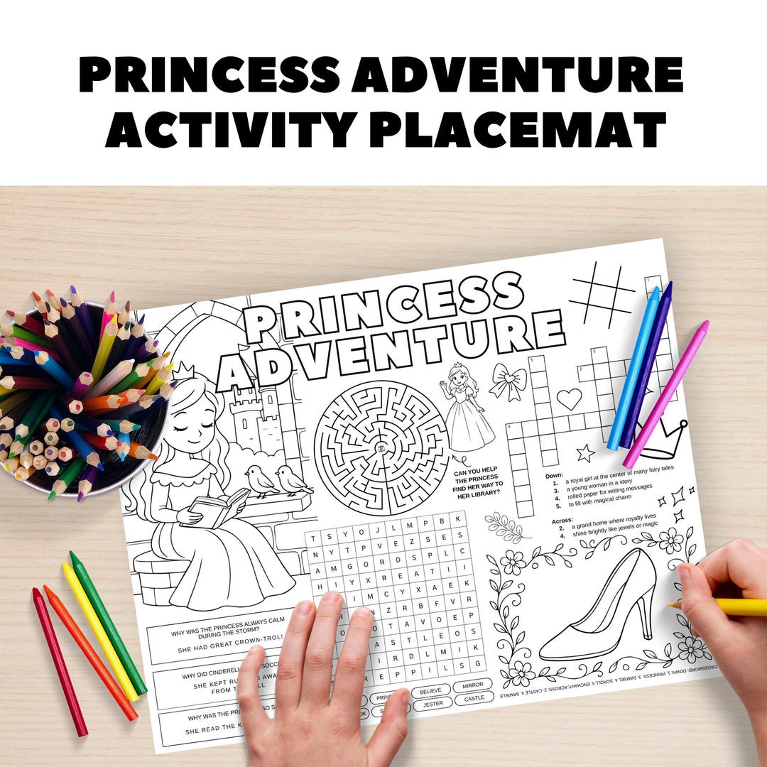 Princess Activity Placemat Printable, Kids Coloring Game, Maze & Word ...