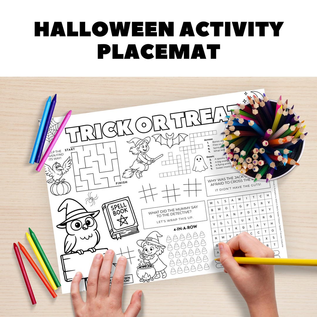 Halloween Coloring Placemat, Printable Activity for Kids With Trick or Treat Games, Coloring ...