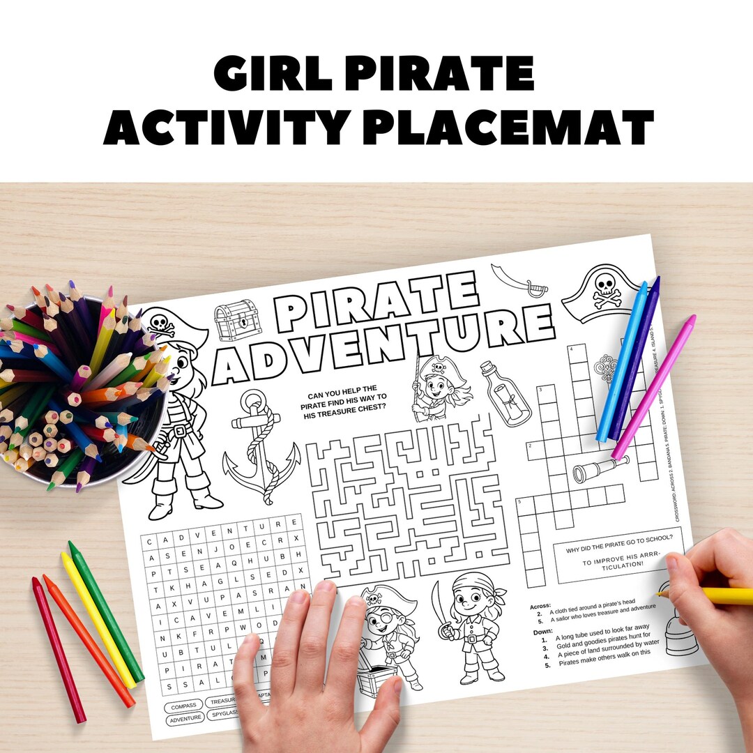 Girl Pirate Activity Placemat Printable, Pirate Birthday Coloring Mat ...
