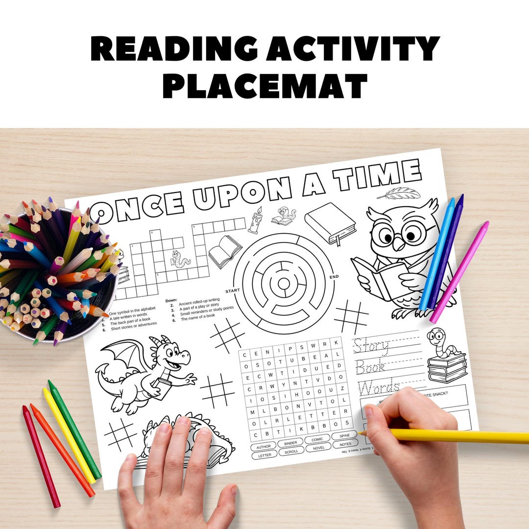 Reading Themed Kids Activity Placemat, Printable Bookworm & Book Dragon ...