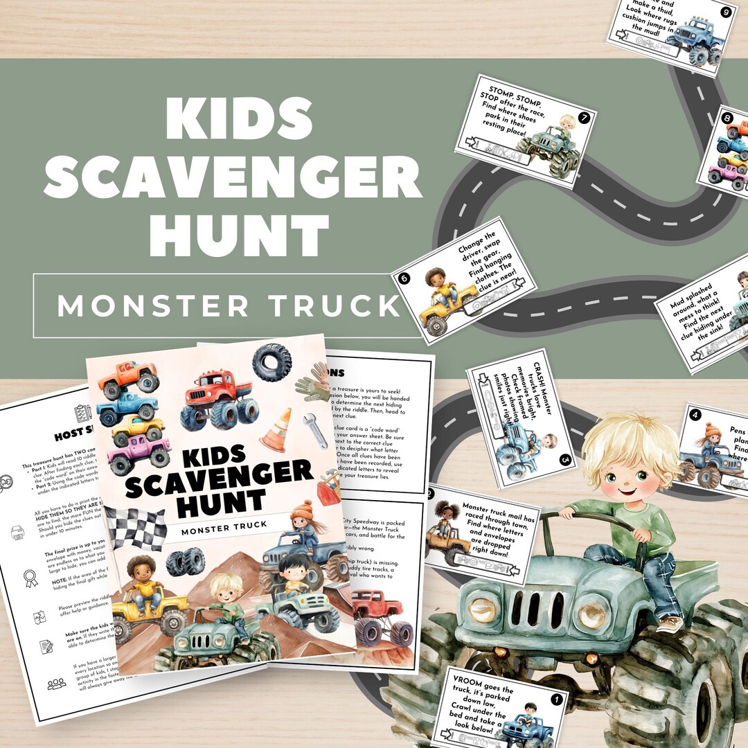 Monster Truck Scavenger Hunt, Kids Transportation Party Game Printable ...