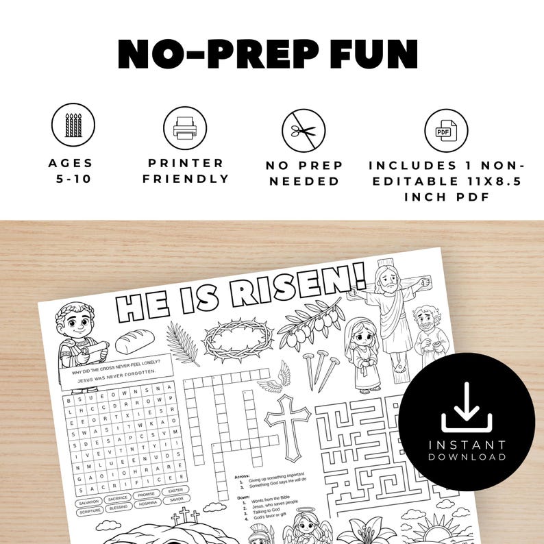 Christian Easter Kids Activity Placemat, He is Risen Printable, Sunday ...