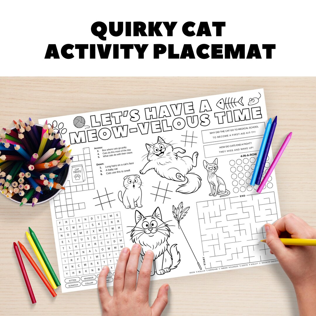 Quirky Cats Activity Placemat. Printable Cat Party Game, Coloring ...