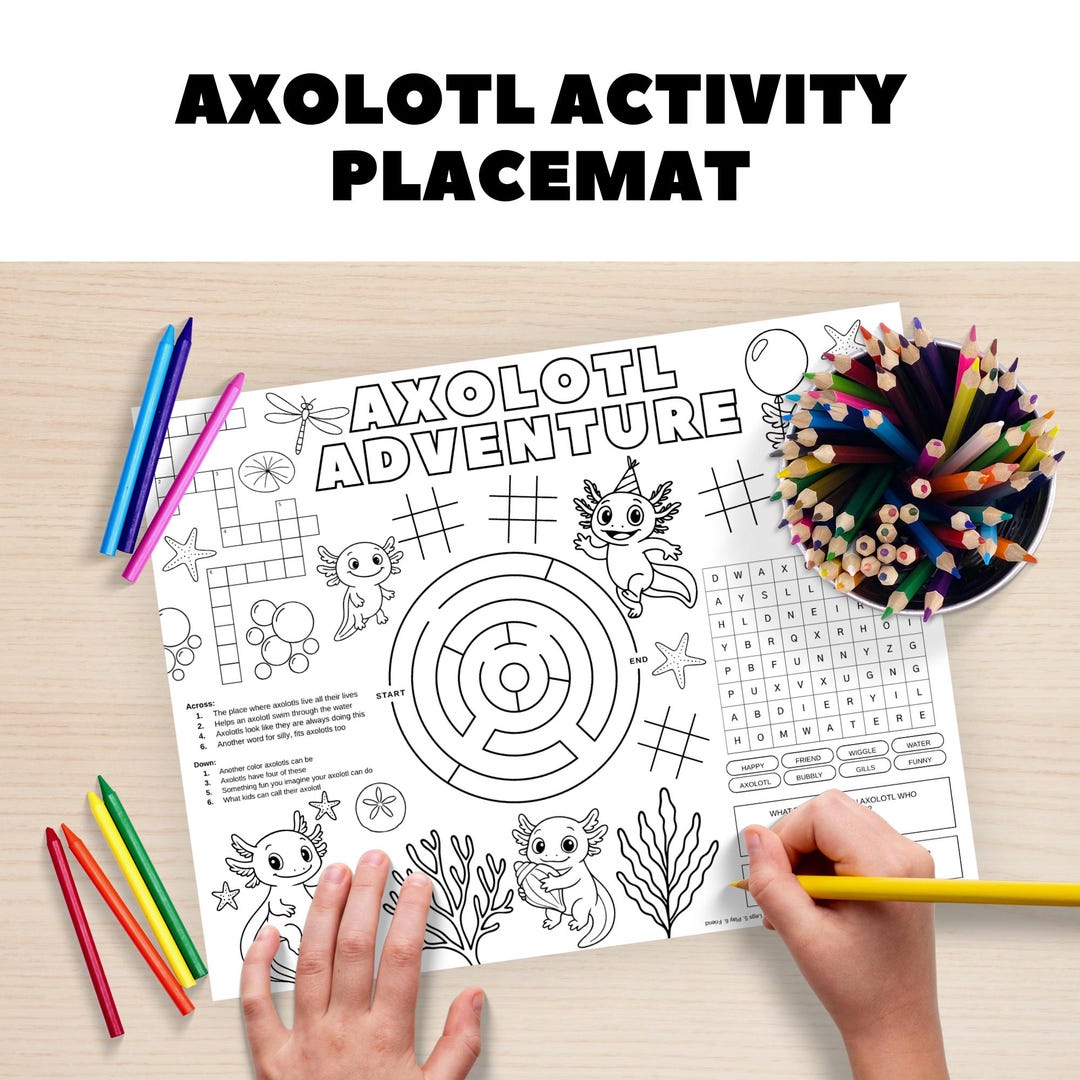 Axolotl Kids Activity Placemat, Printable Coloring, Maze, Crossword ...