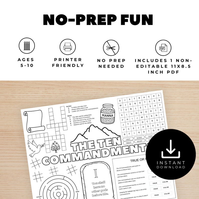 Ten Commandments Kids Activity Mat, Christian Bible Printable Placemat ...