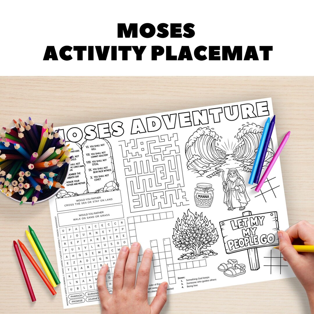Moses Kids Activity Placemat, Printable Bible Story Worksheet PDF With ...