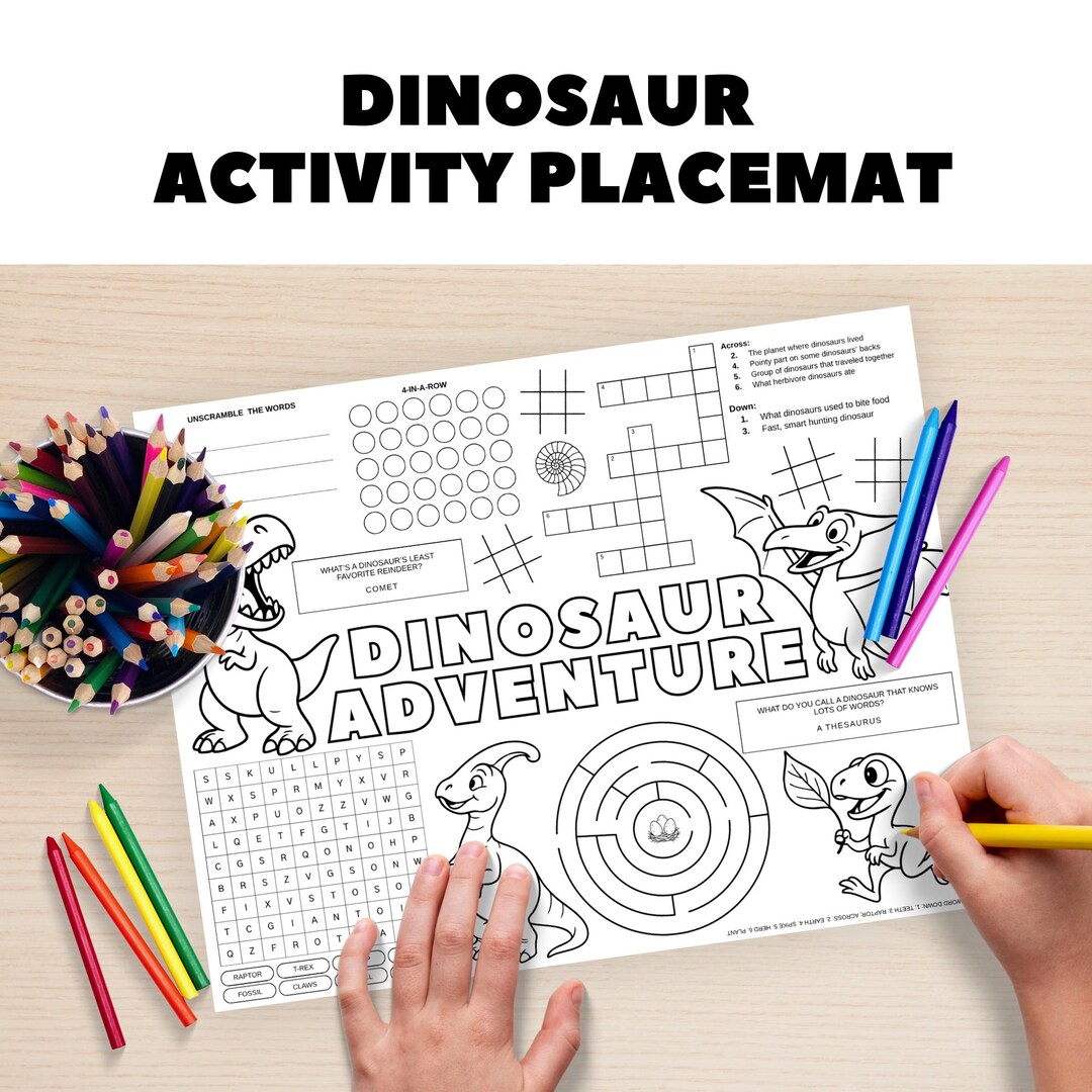 Dinosaur Activity Placemat, Printable Kids Dino Coloring & Game ...