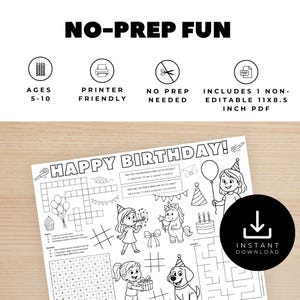 Girl Birthday Party Activity Placemat, Printable Kids Games, Coloring ...
