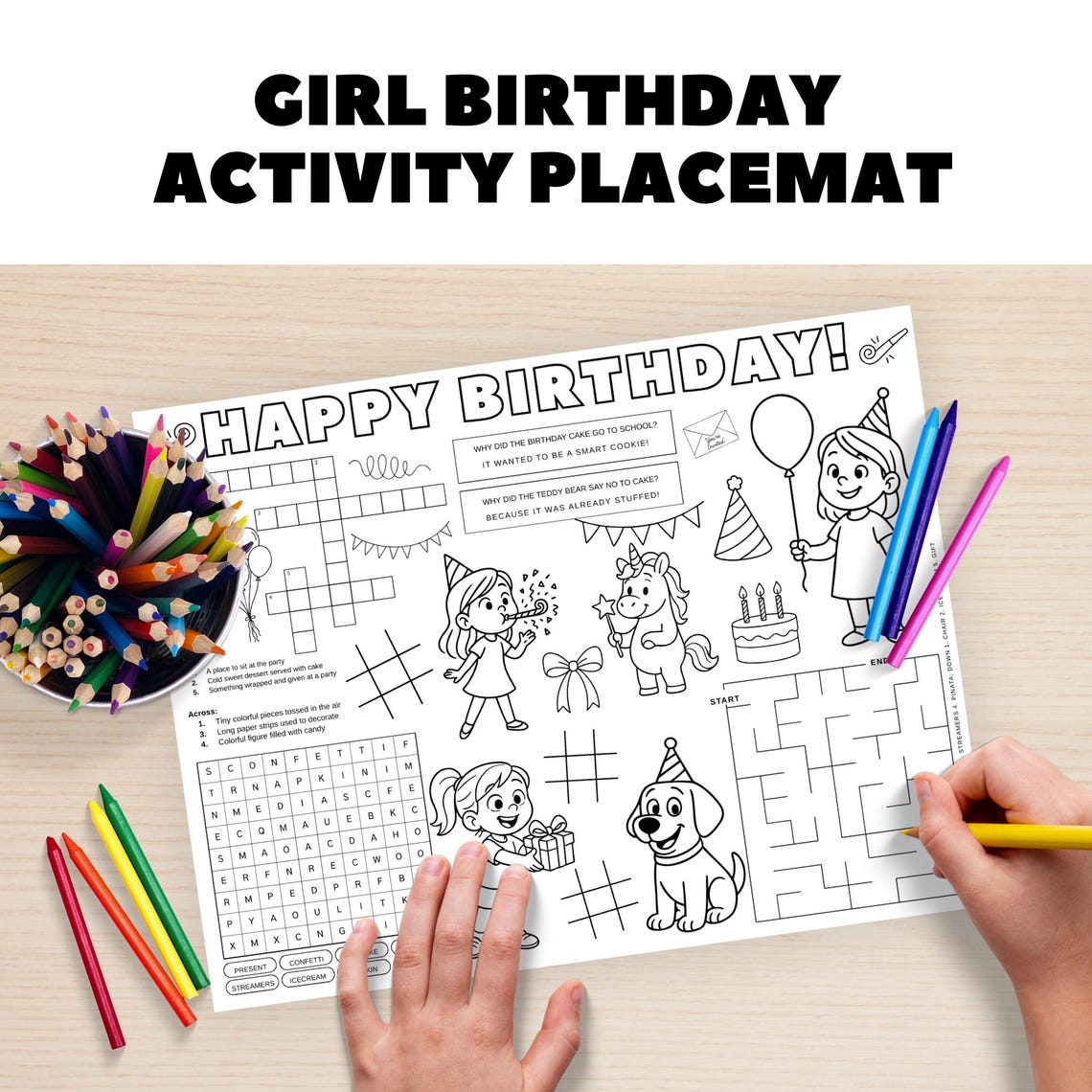 Girl Birthday Party Activity Placemat, Printable Kids Games, Coloring ...