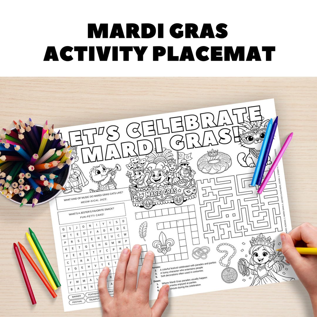 Mardi Gras Kids Activity Placemat, Fat Tuesday Holiday Printable, Fun ...