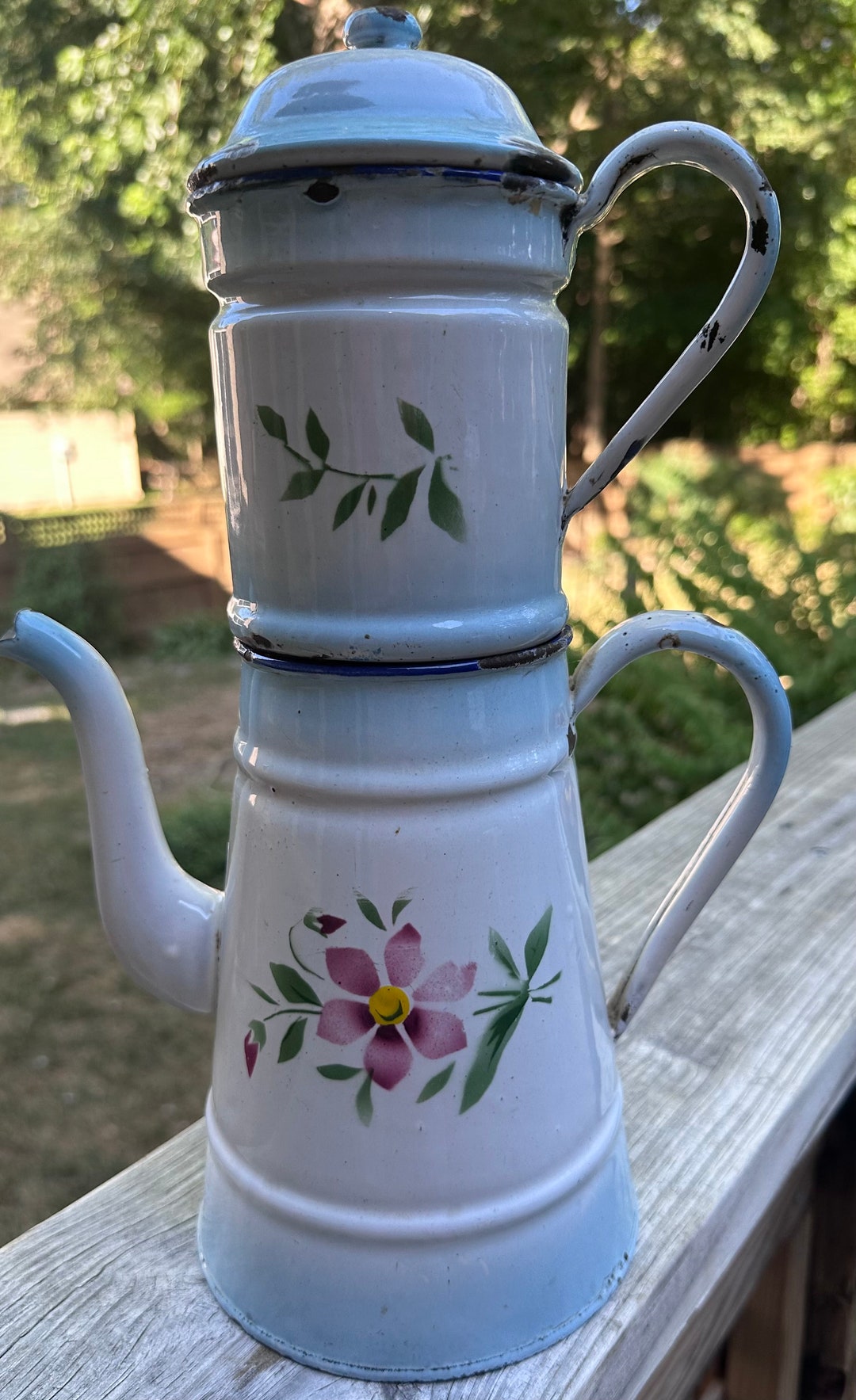 Antique French Enamelware Coffee Biggen With Floral Motif, Collectable ...