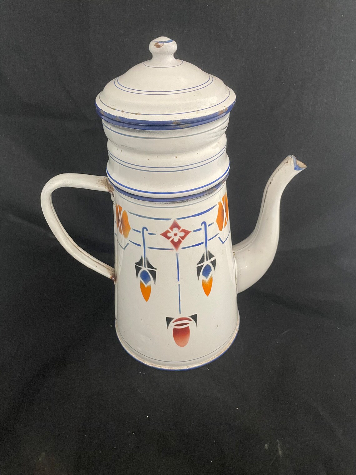 Vintage French Enamelware Coffee Biggin With Deco Design, Country ...