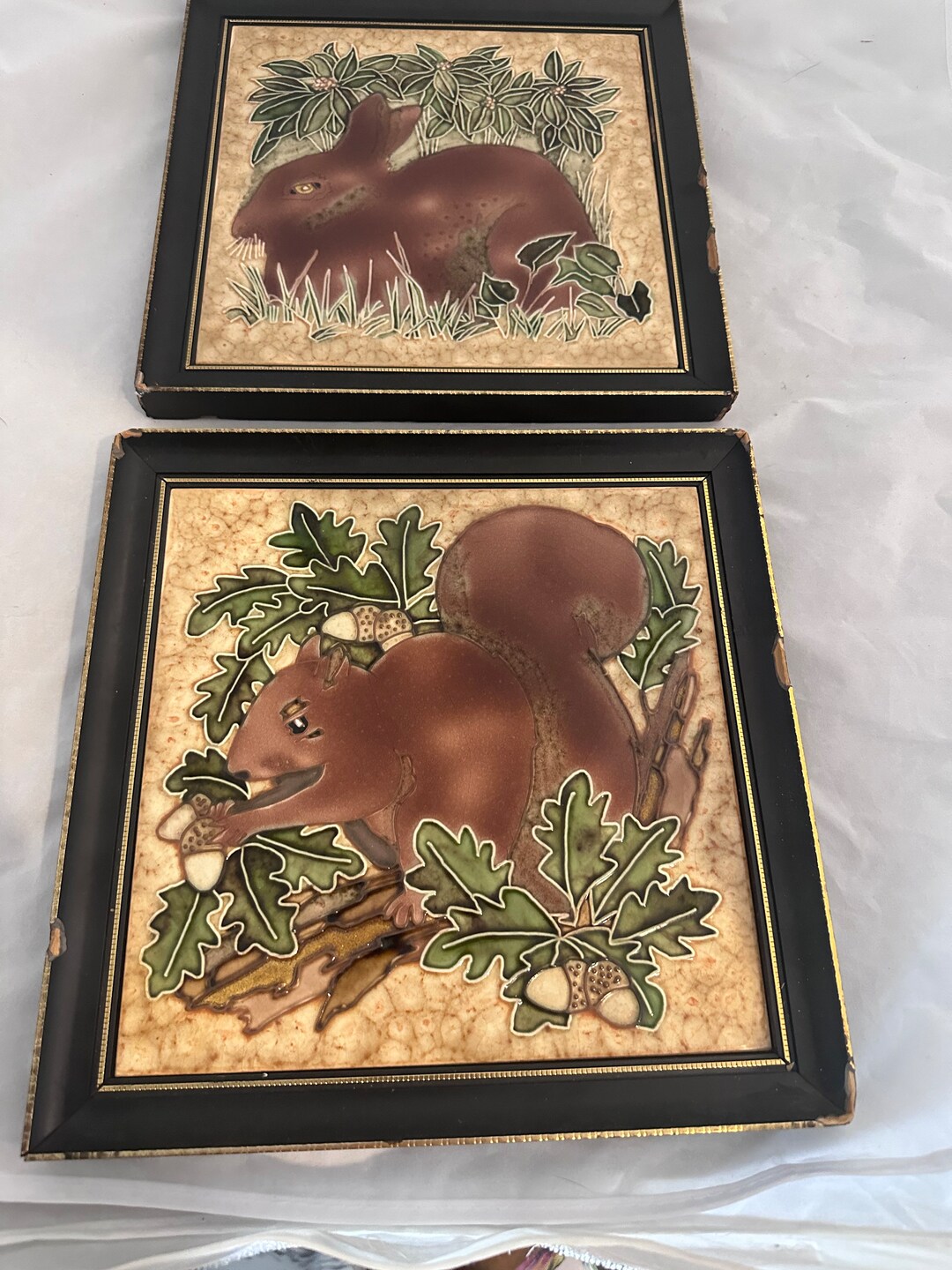2 Antique Majolica Framed Tiles of a Bunny and a Squirrel, European ...